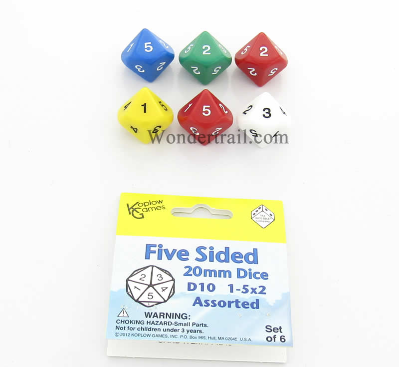 Assorted Color Dice D10 with Colored Numbers 1-5 Twice 20mm Pack of 6 ...