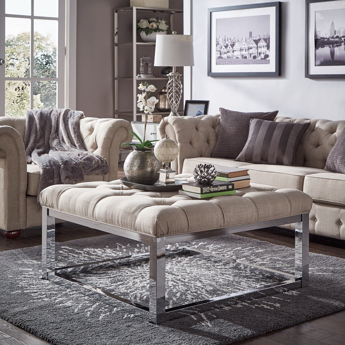 Weston Home Libby Button Tufted Cushion Ottoman Coffee Table with ...