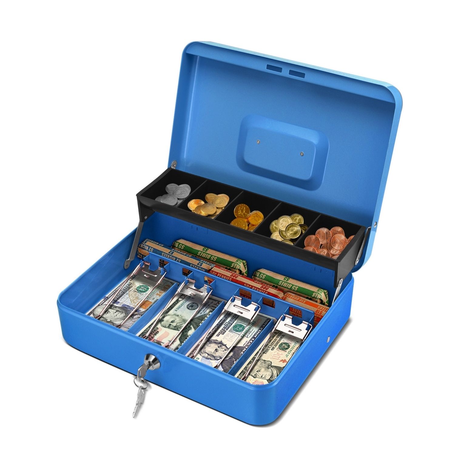 Cash Box with Key Lock and Money Coin-Tray Steel Money Lock Box Safe ...