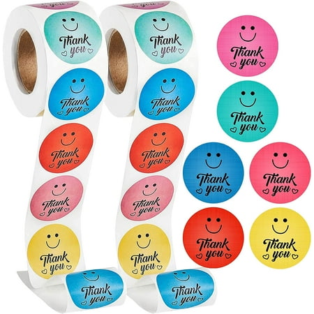 2 Rolls Thank-You Label Stickers 1000 Pieces 1.5 Inches Happy Face ...