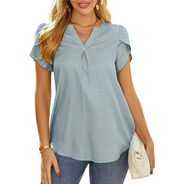 Amoretu Women Petal Sleeve Blouse Summer V Neck Loose Fit Shirts Tops Blue M - Walmart.com