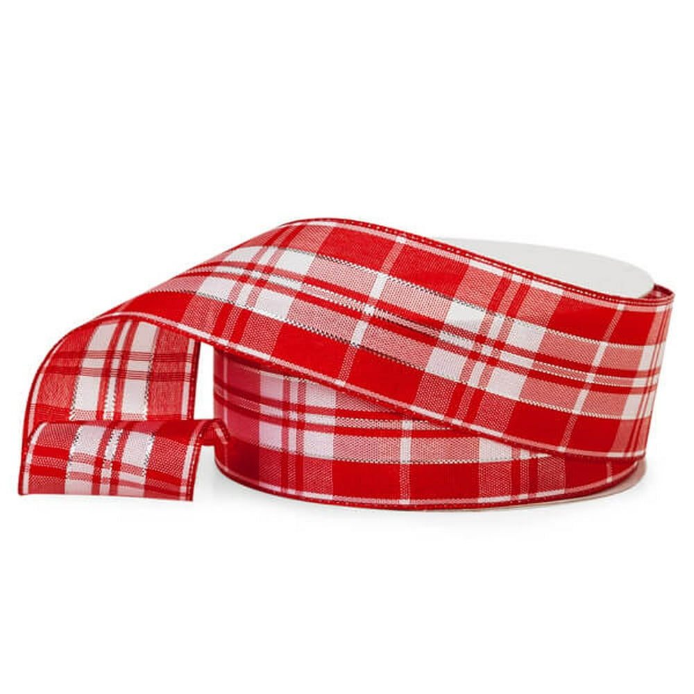 Pack of 1, Red & White Plaid Ribbon With Silver Accents, 1-1/2" x 10 ...