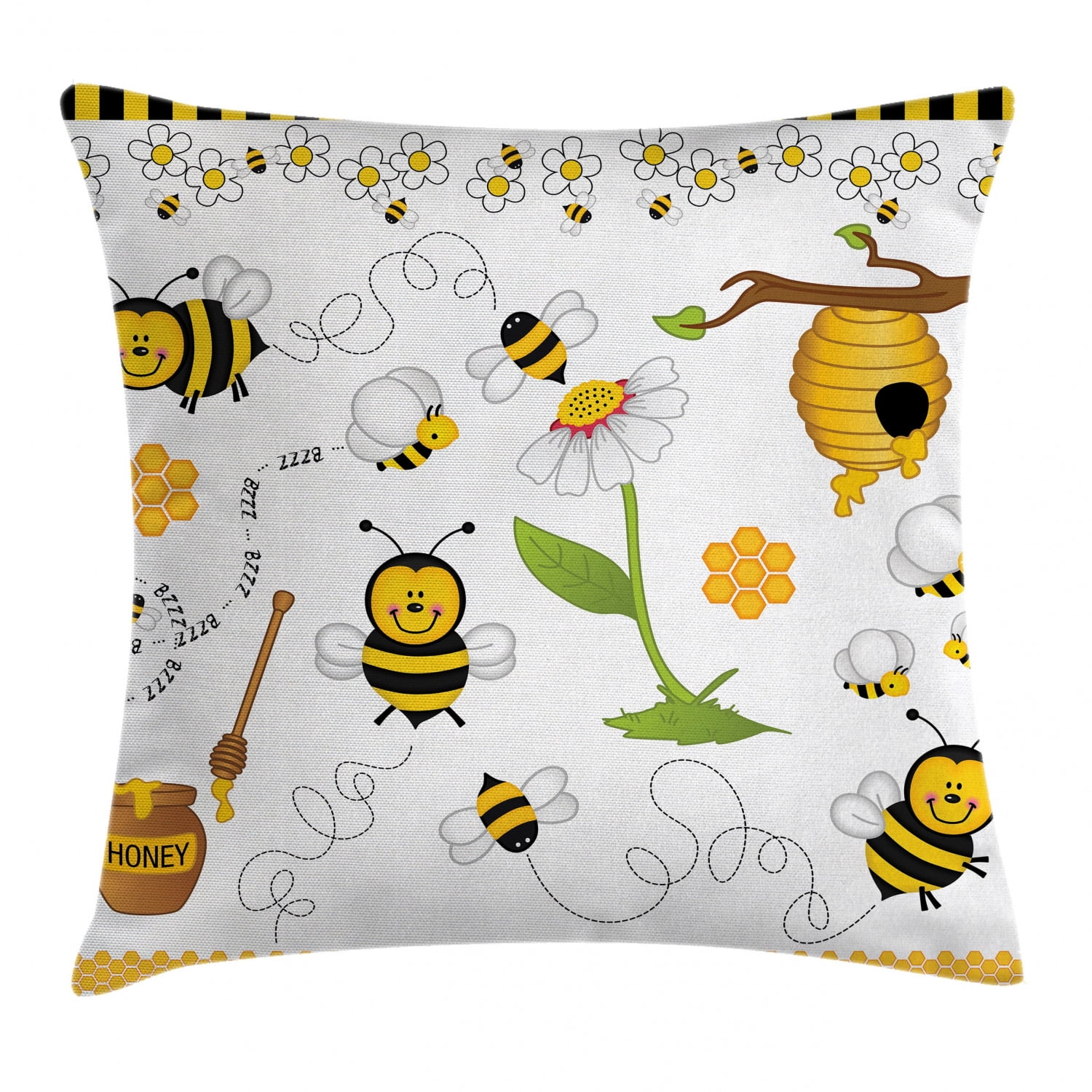 Collage Decor Throw Pillow Cushion Cover, Flying Bees Daisy Honey ...