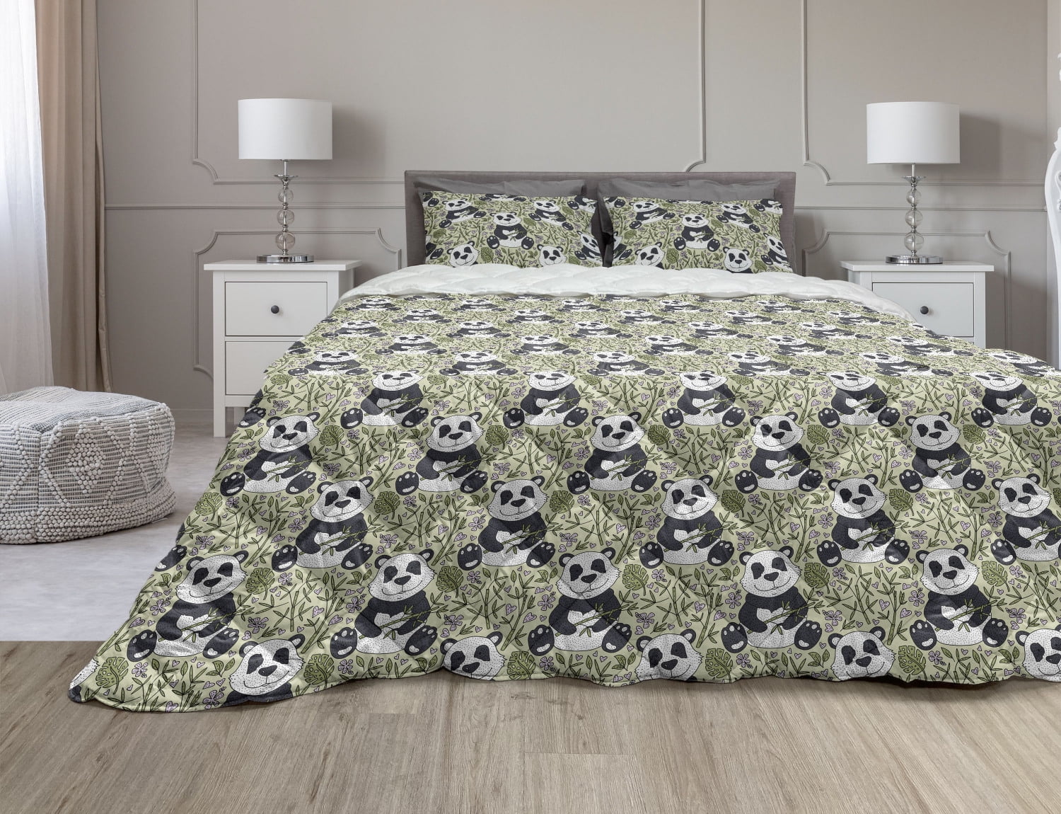 Panda Comforter & Sham Bedding Set, Little Smiling Animals Repetitive ...