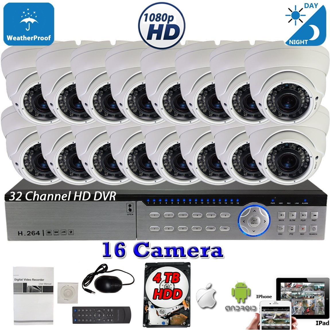 Evertech 32 Channel HD DVR w/ 16 pcs 4in1 AHD TVI CVI ANALOG 1080P 2 ...