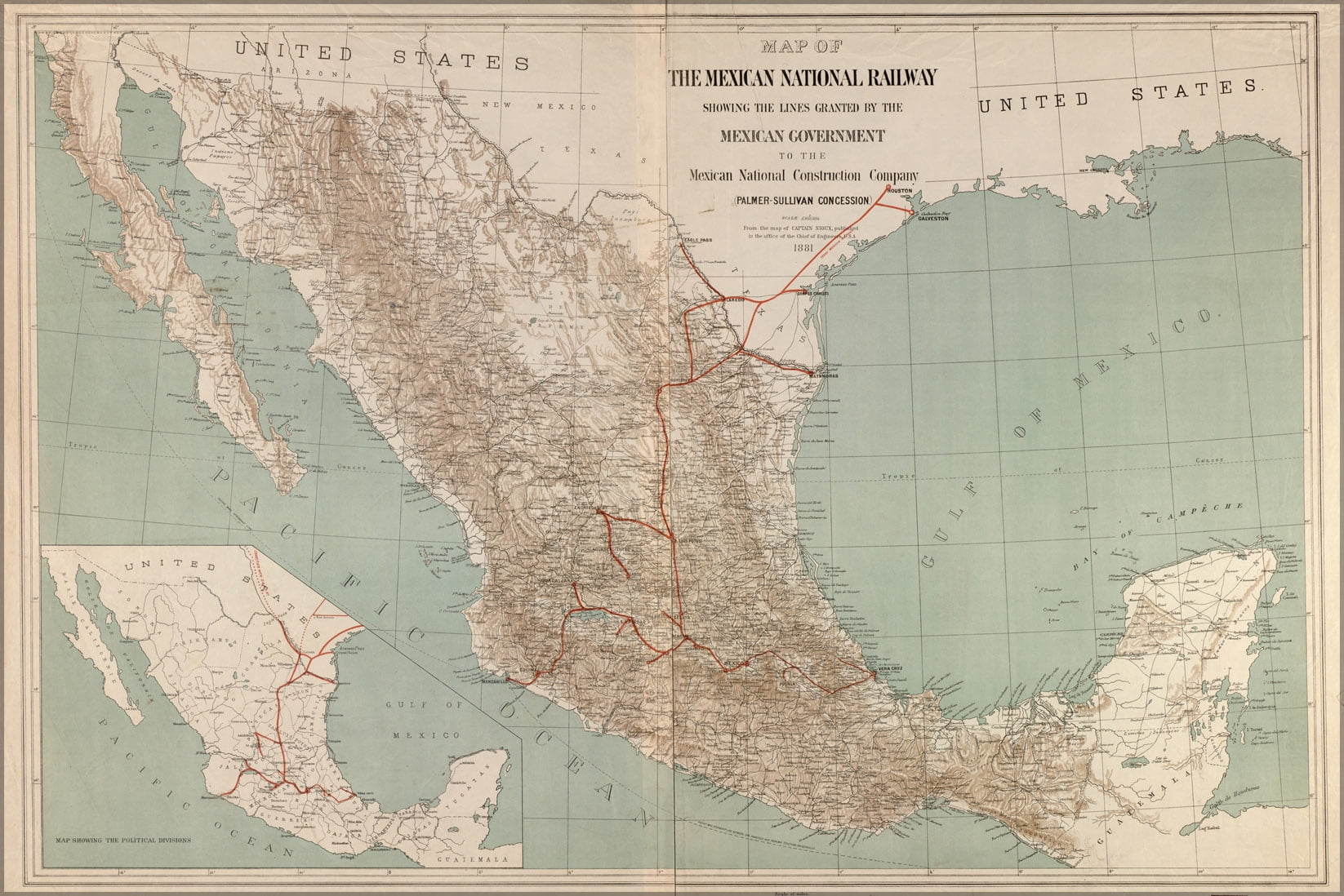 24"x36" Gallery Poster, Map of the Mexican National Railroad mexico ...