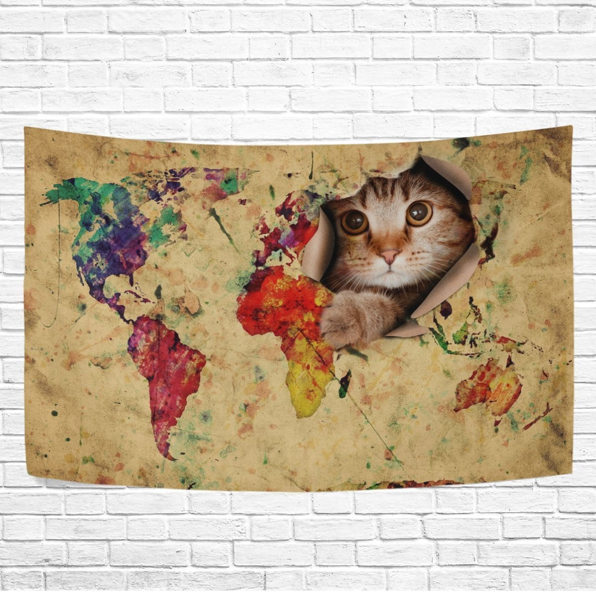 POPCreation Funny Cat Kitten World Map Wall Art Tapestry Bedroom Living ...