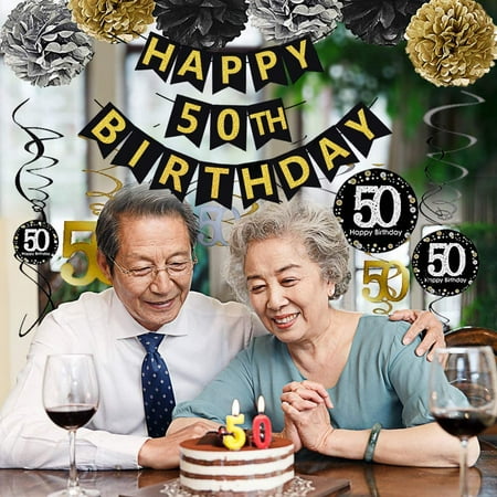 Black & Gold Glittery Happy 50th Birthday Banner,Poms,Sparkling 50 ...