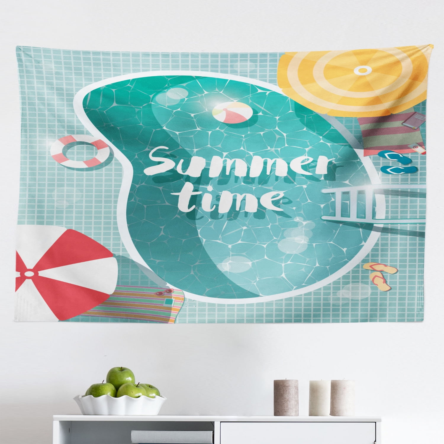 Pool Party Tapestry, Swimming Pool with Ball Flip Flops Parasol and ...