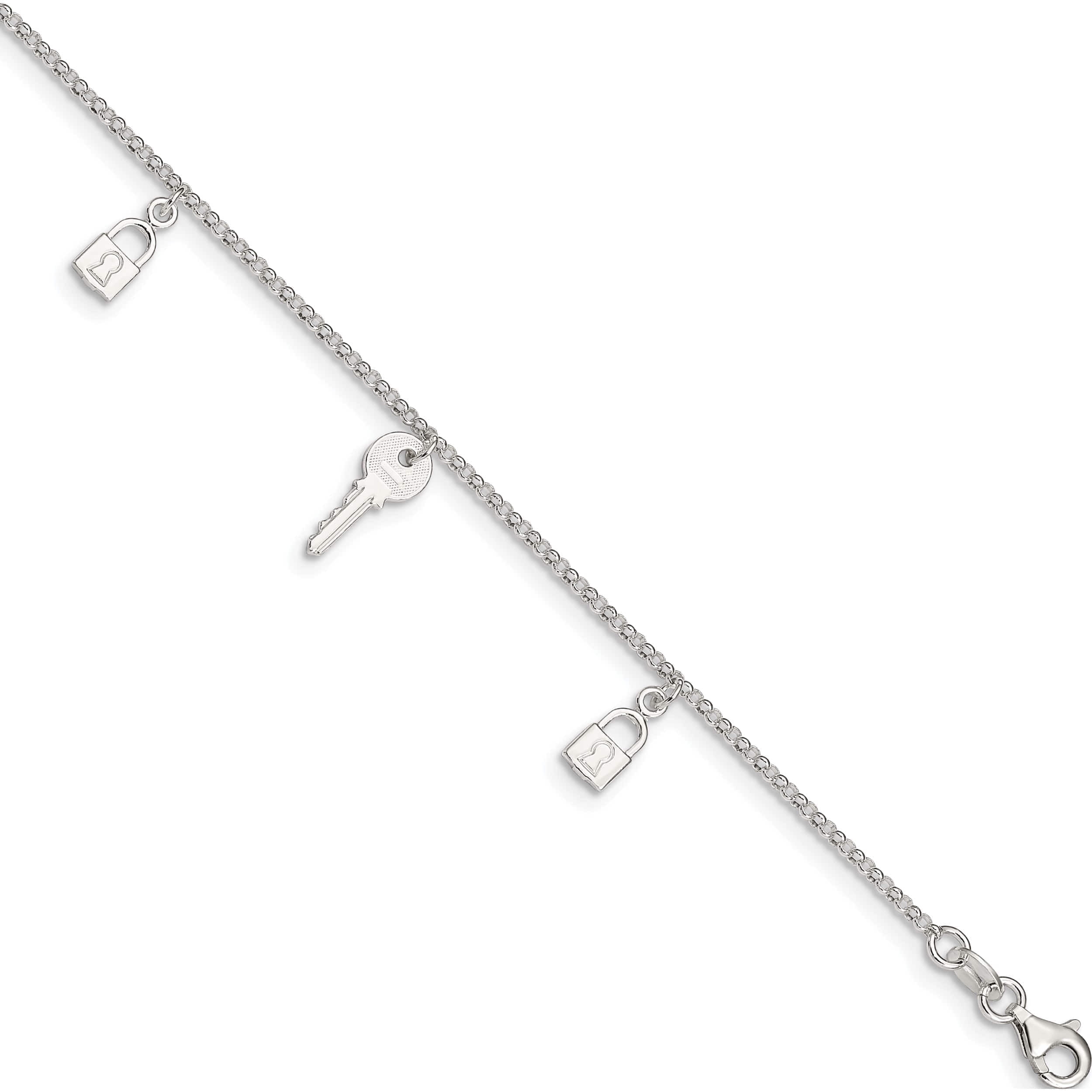 Sterling Silver Polished Lock And Key 9In Plus 1In Ext. Anklet Made In ...
