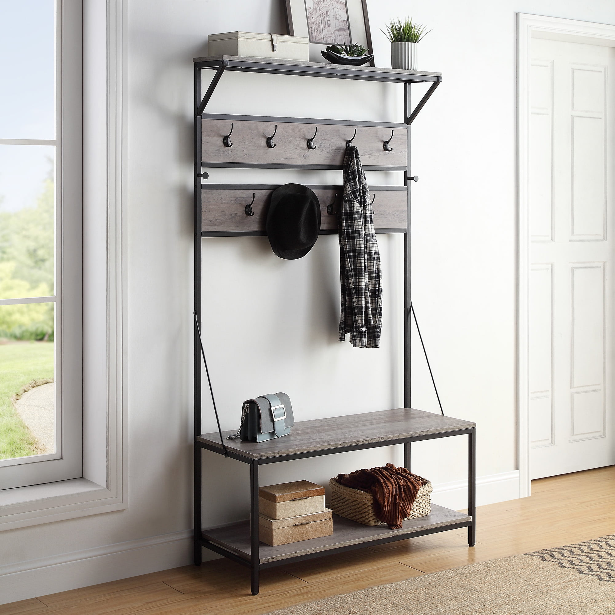 BELLEZE Entryway Hall Tree Coat Rack and Shoe Bench - Blake (Gray Wash ...