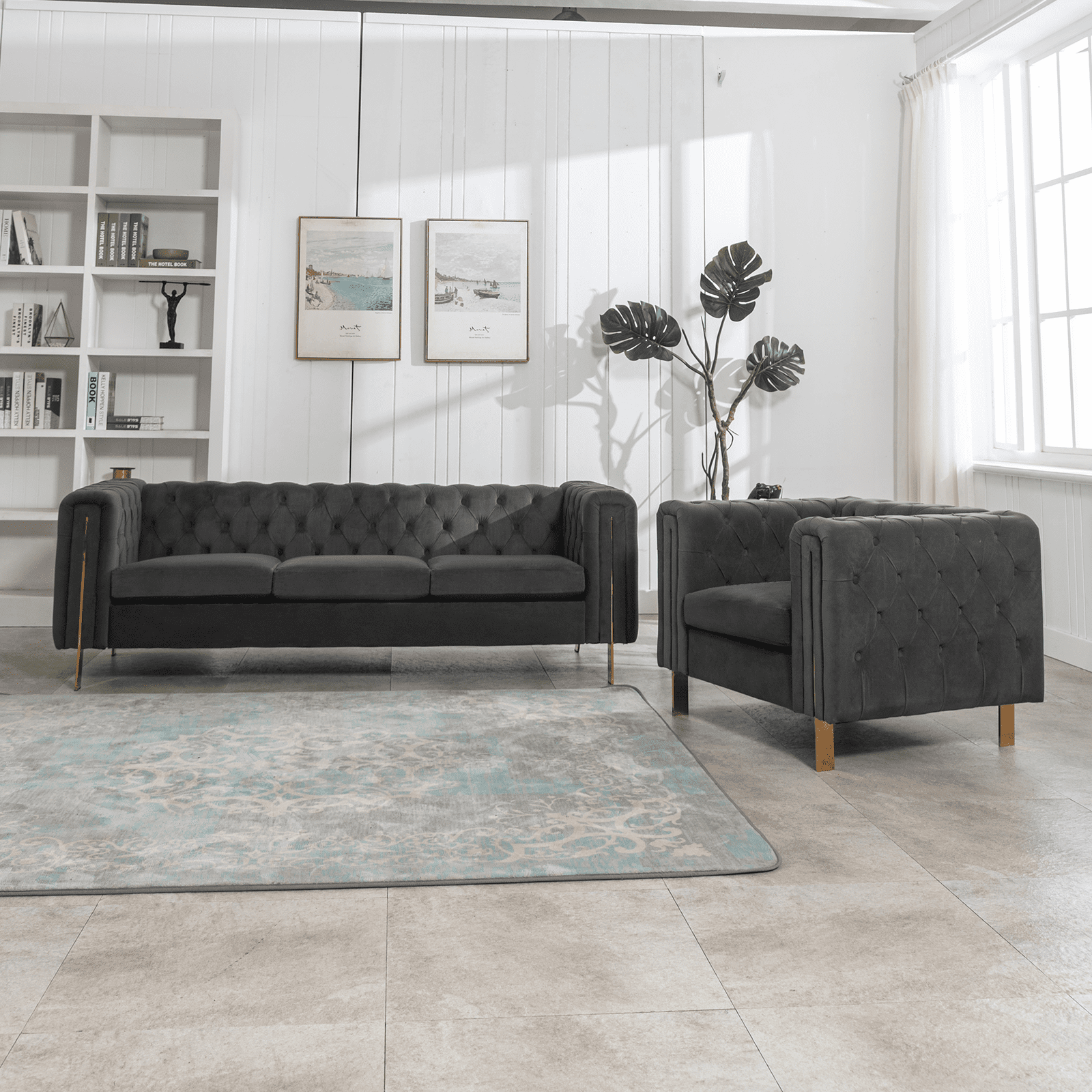 MUZZ Modern Velvet Upholstered 2PCS Sofa Couch Sets, Button Tufted ...