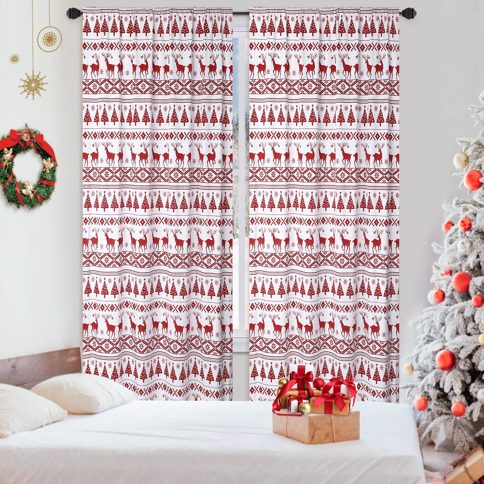 ZACOO Christmas Curtains 52"x95" Blackout Room Darkening White Red ...