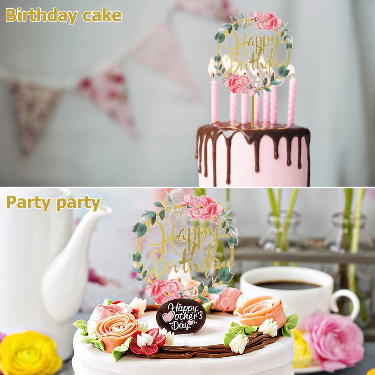 Buy Willstar Flowers Cake Toppers Acrylic Handmade Happy Birthday Cake ...