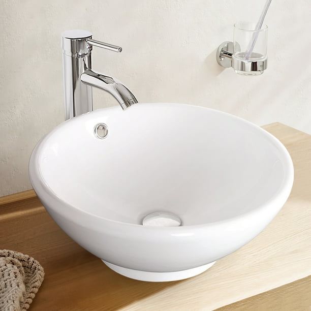 Eclife 16.5" Round Ceramic Bathroom Sink Combo with Faucet 1.5 GPM and Pop up Drain Bathroom ...