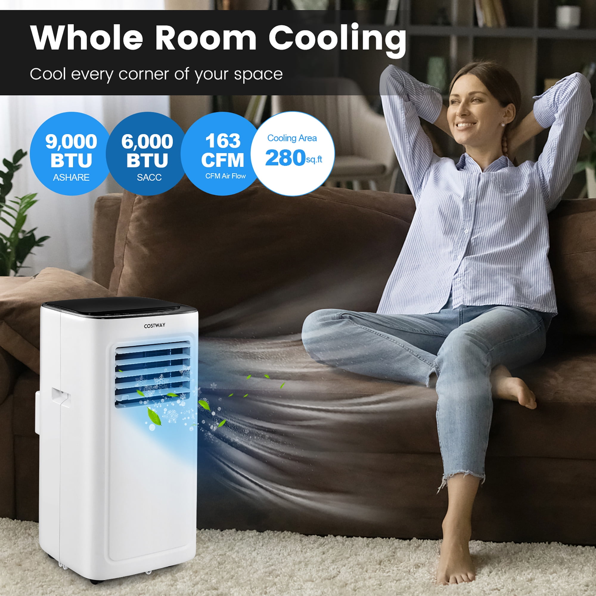 Costway 6000 BTU (9000 BTU ASHAR) Portable Air Conditioner 3-in-1 AC ...