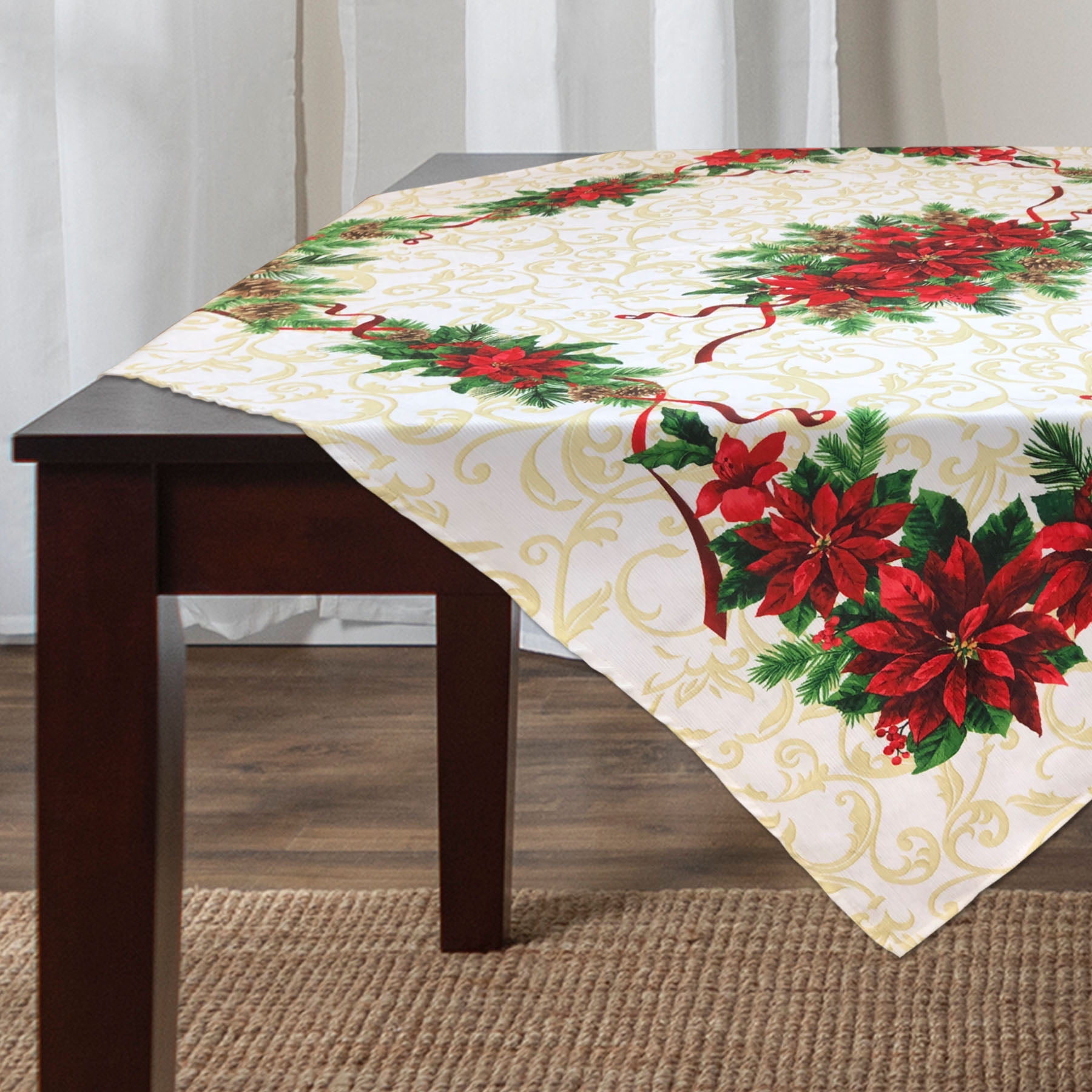 Holiday Poinsettias Easy-Care Printed Table Throw (50" x 50" Square ...