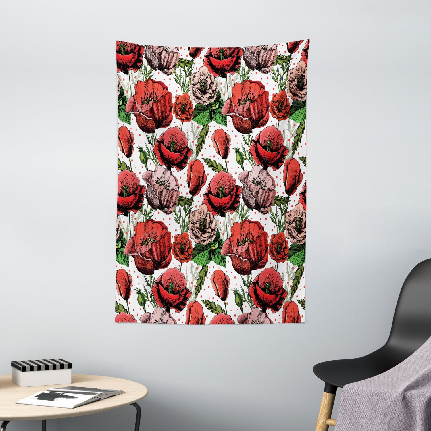 Pattern of Bright Poppies and Polkadot Vintage Style Decor Wall Hanging ...