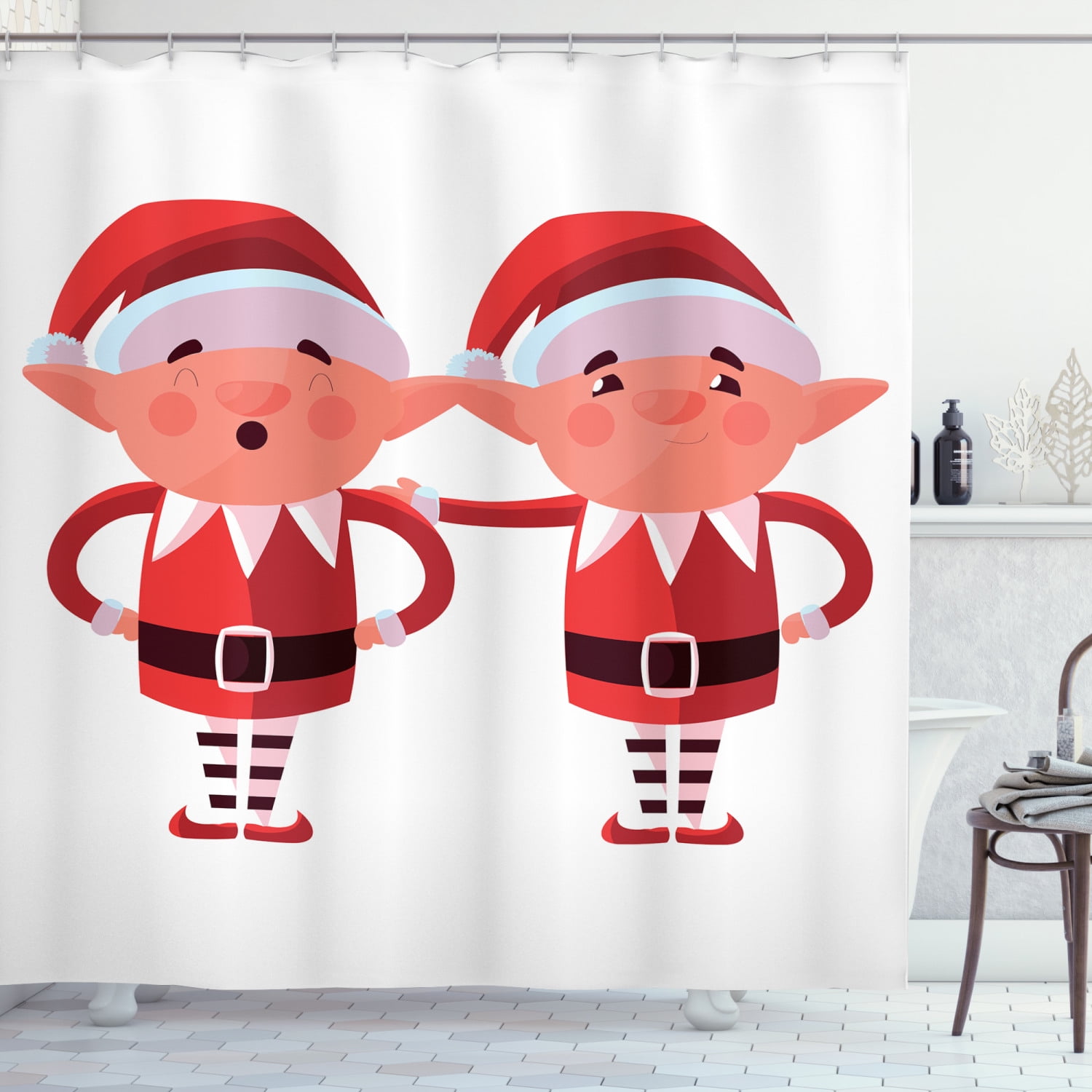 Elf Shower Curtain, Pattern of 2 Friendly on a Plain Background, Fabric ...
