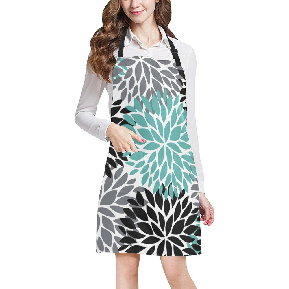ASHLEIGH Dahlia Pinnata Flower Teal Black Gray Chef Aprons Professional ...