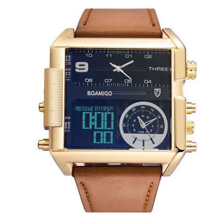 BOAMIGO Men Boys Sports Watches 3 Time Zone digital wristwatch Leather ...
