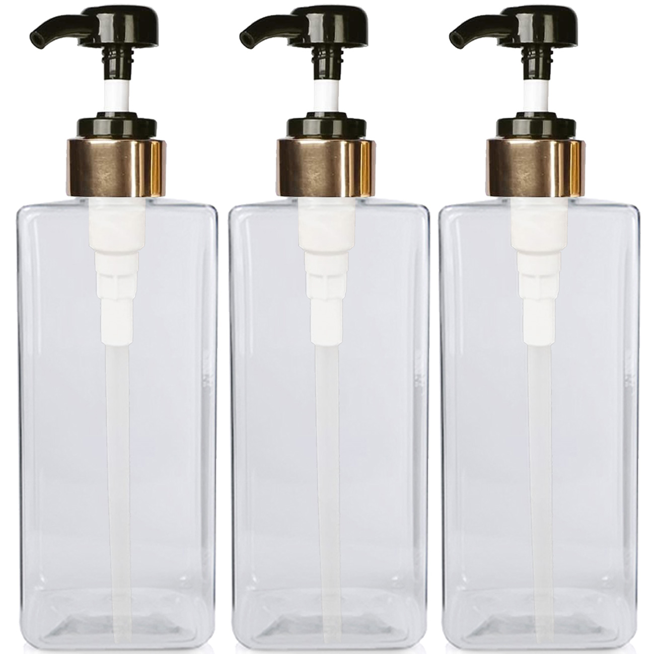 3 Empty Shampoo Bottles Square Dispenser Pump Bottle 800ml Gold Black