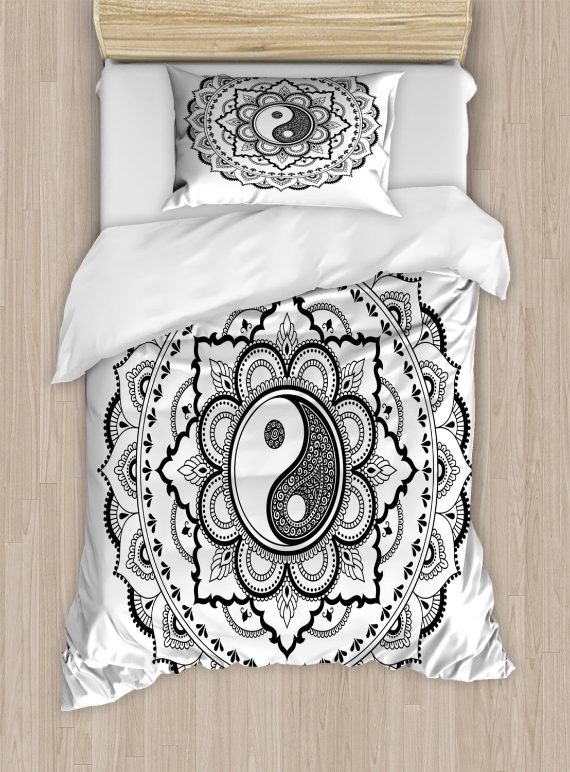 Black and White Duvet Cover Set Twin Size, Mandala Flower Petals ...