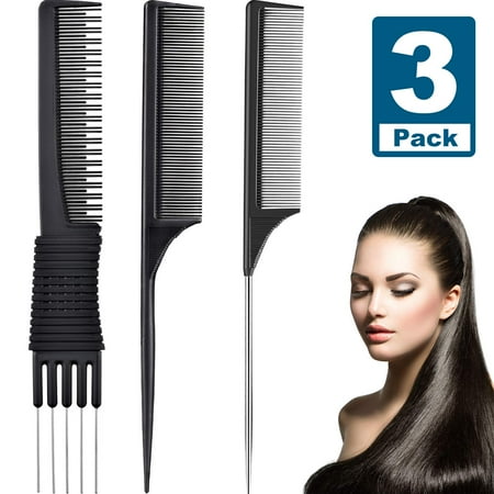 3 Pack Black Carbon Lift Teasing Combs with Metal Prong, Salon Teasing ...