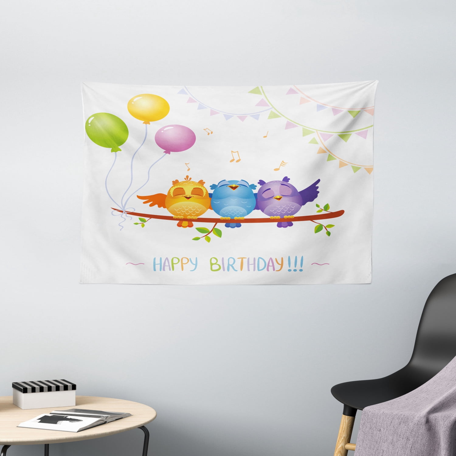Birthday Decorations for Kids Tapestry, Owls Sitting on a Branch with ...