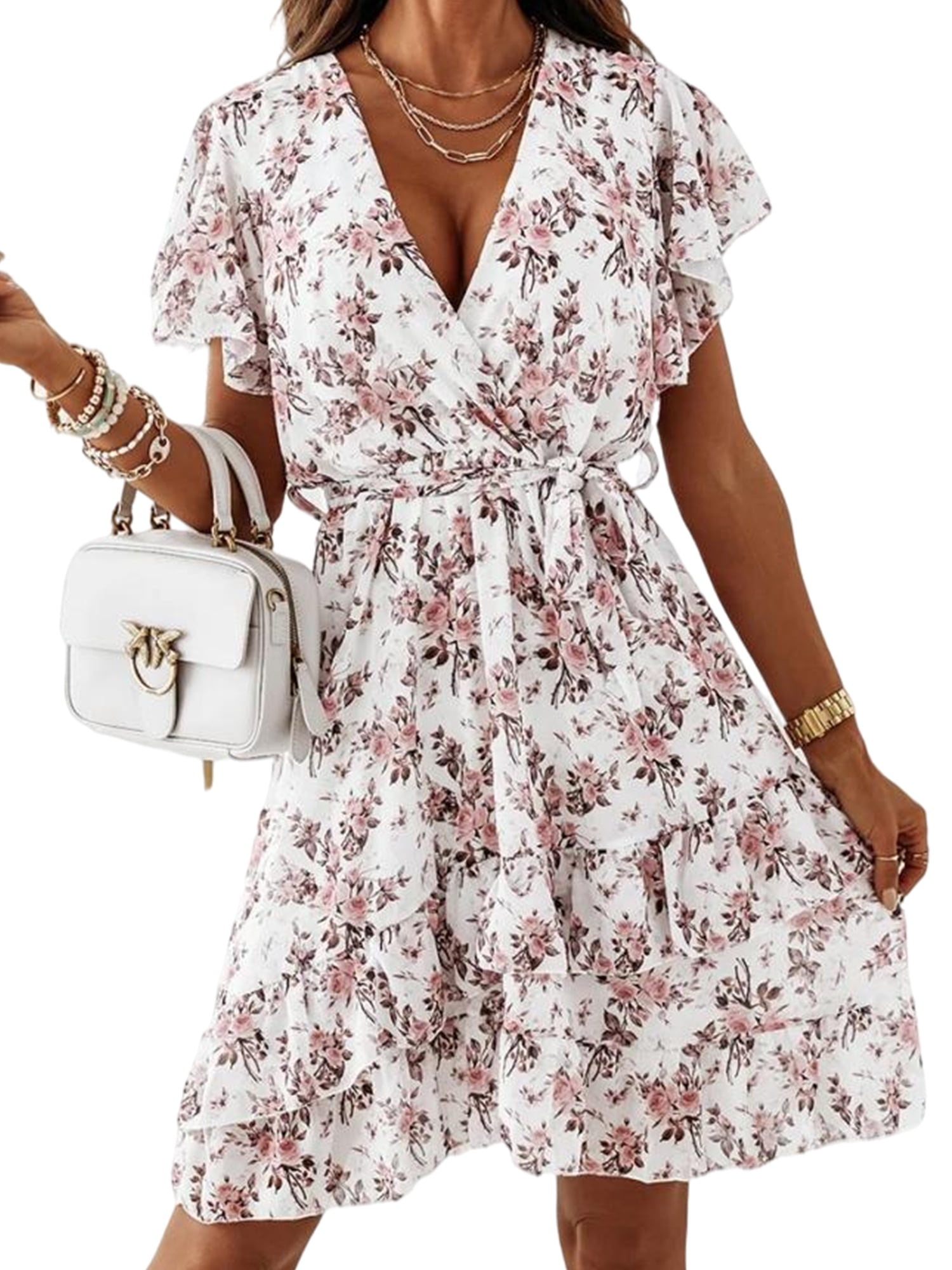 Frontwalk Women Summer A-line Chiffon Sundress V Neck Simple T Shirt ...