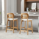 Guyou Rattan Counter Height Bar Stools, Wooden Farmhouse Barstools, Beige Linen Upholstered, Set ...