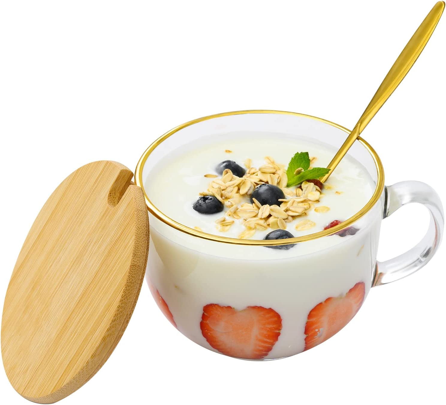 PARACITY Glass Mug 15 oz, Gold Outline Rim Coffee Mug with Lid and ...