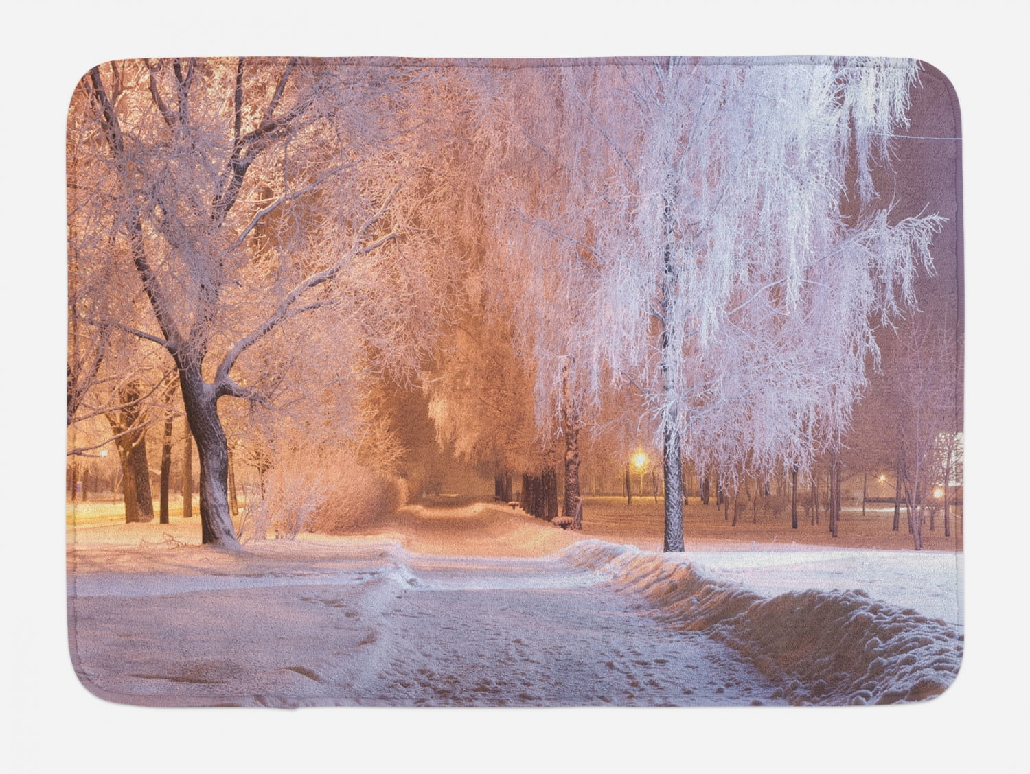 Winter Bath Mat, Winter Night Scenery with Frozen Trees and Snowy Road ...