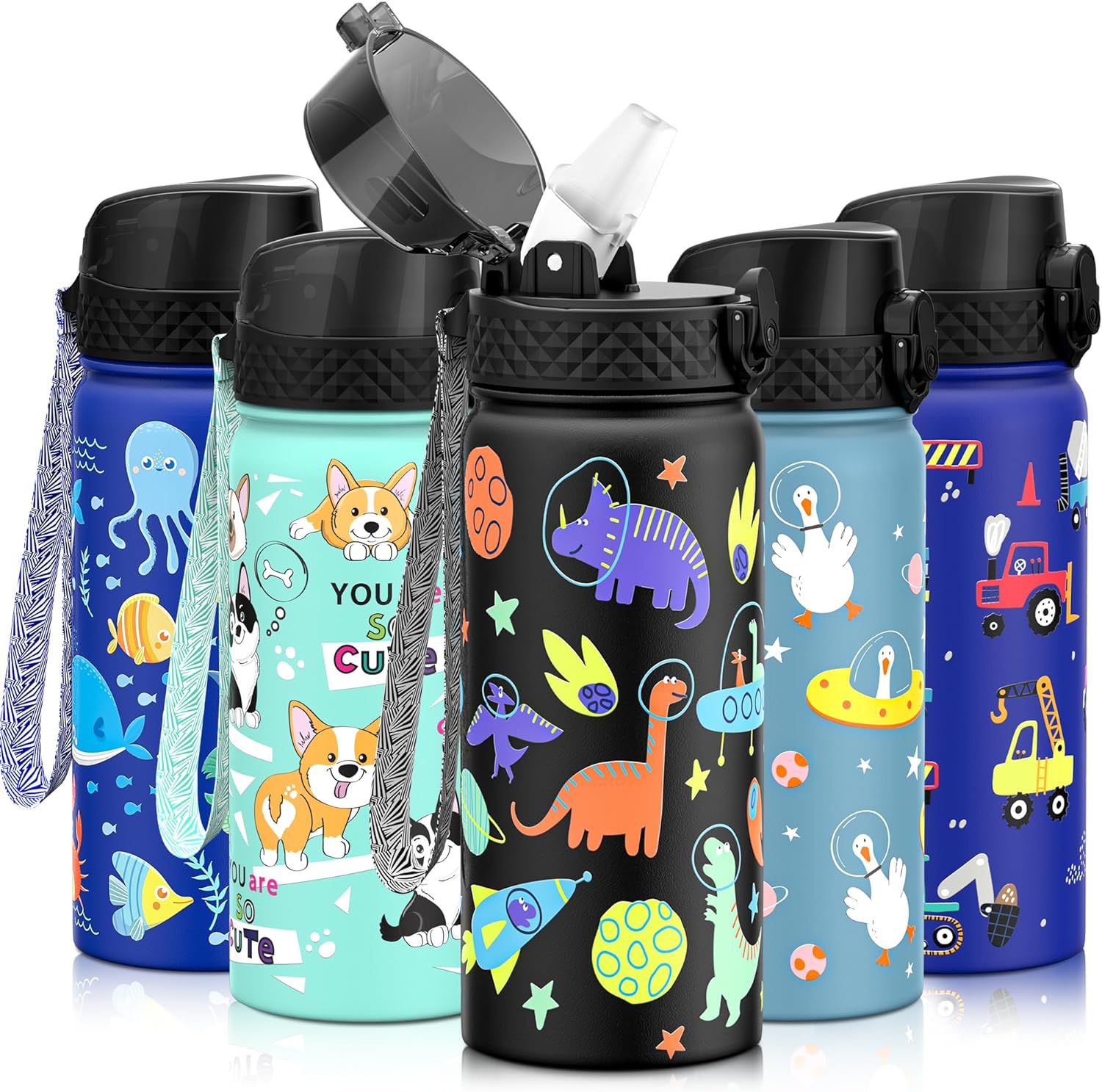 SHILIU-Kids Water Bottle (Straw Lid) - 18 Oz Stainless Steel Travel ...