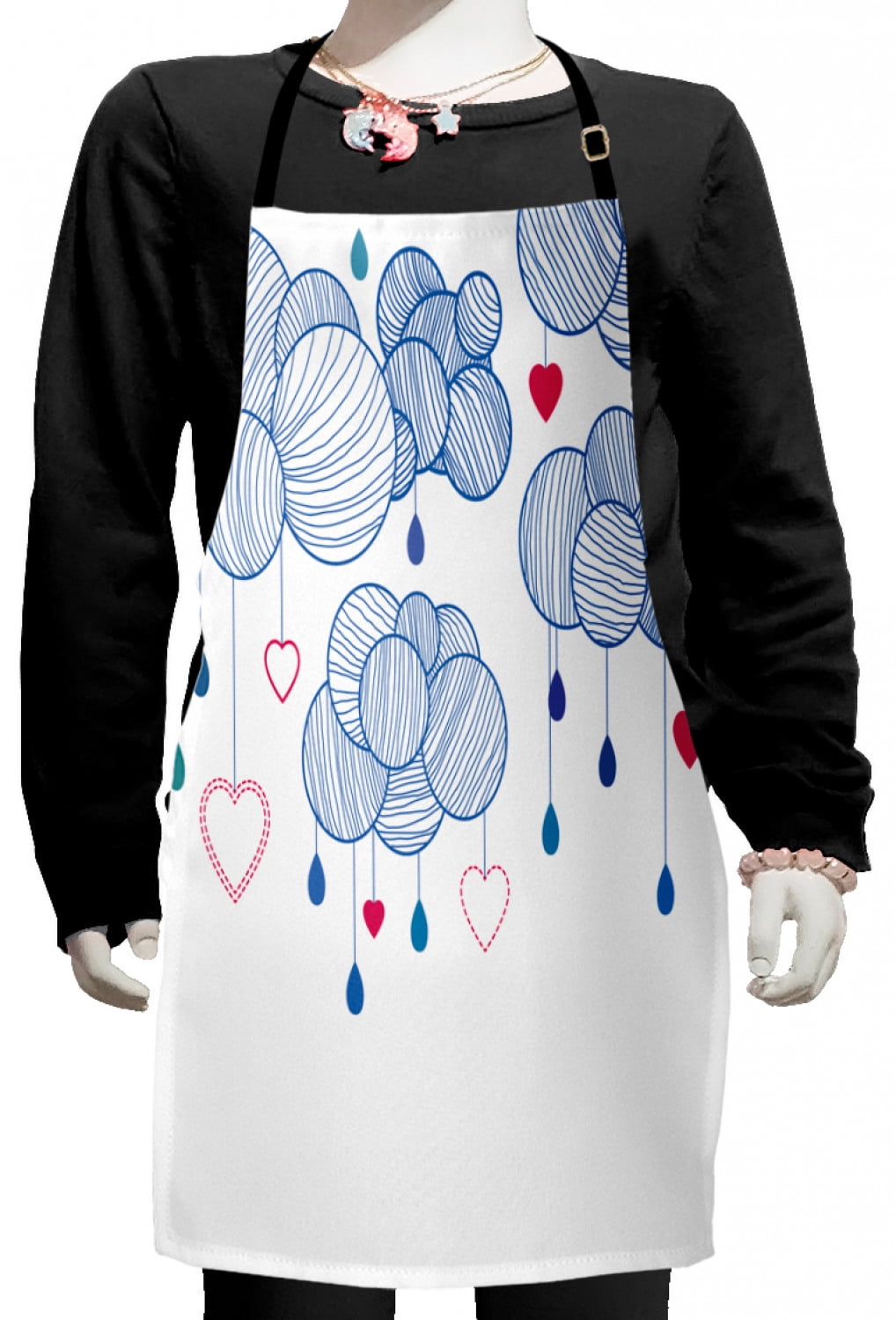 Modern Kids Apron, Fluffy Sketchy Hand Drawn Clouds with Hanging Hearts ...