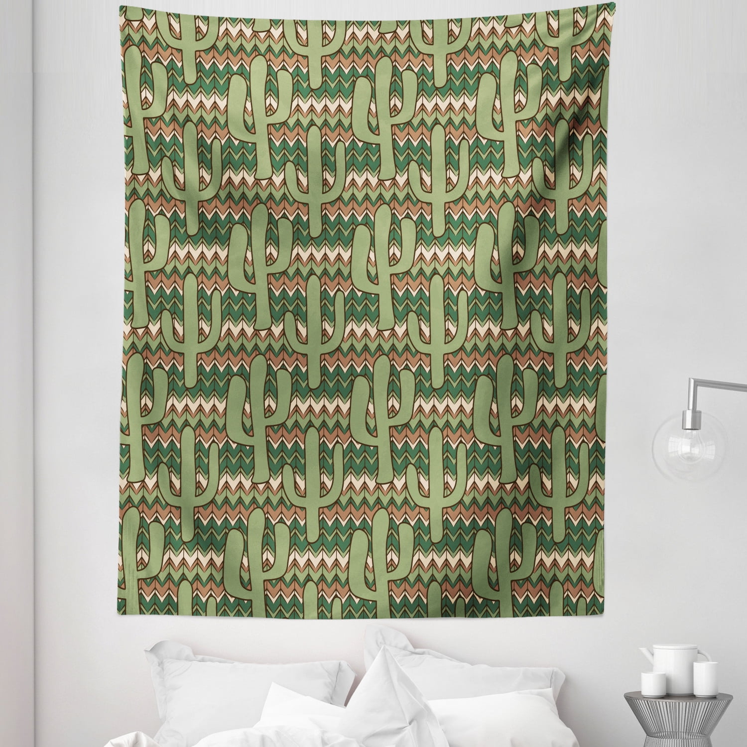 Cactus Tapestry, Cartoon Style Saguaro Cactus on Zigzag Stripes ...