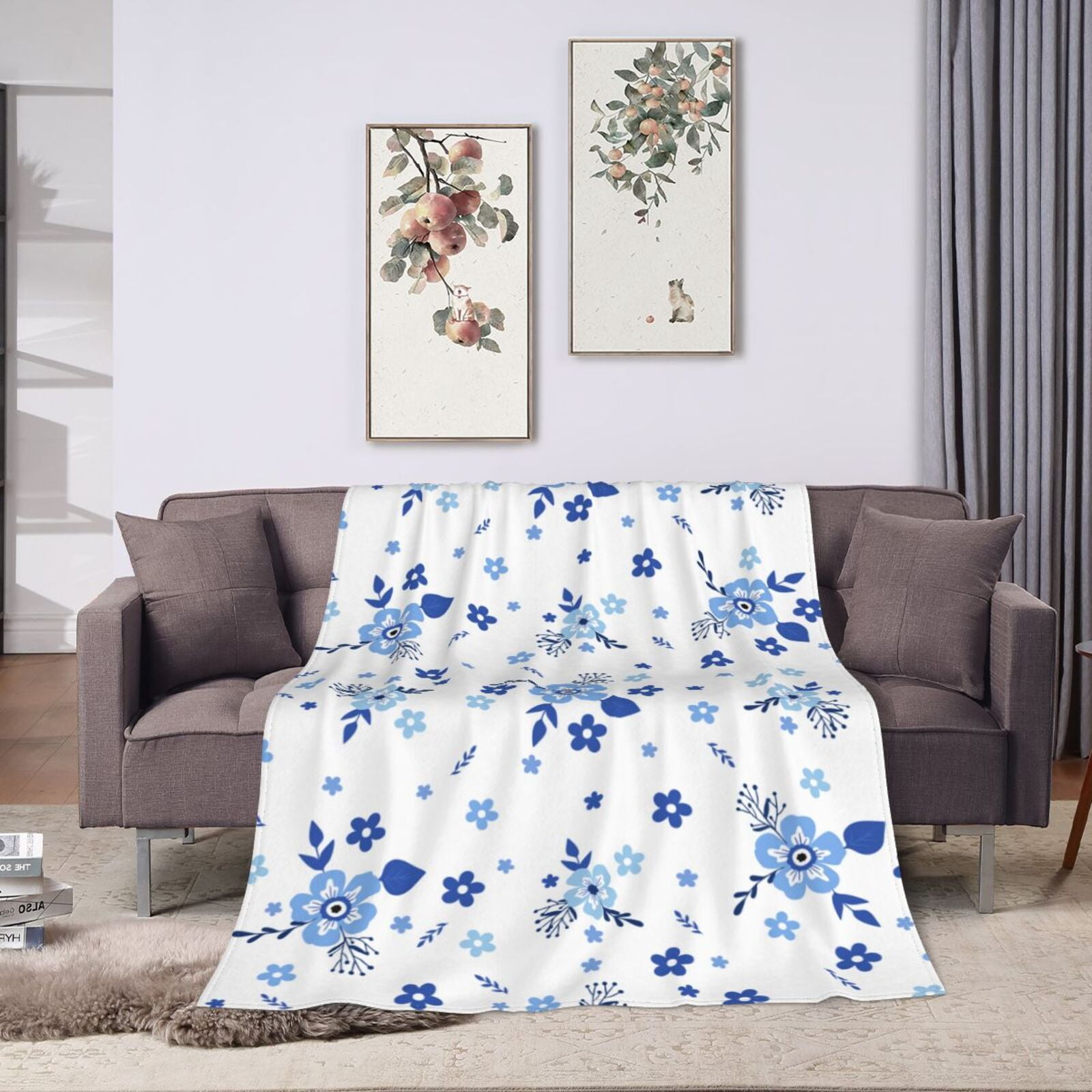 ZNDUO Small Blue Flower Pattern Throw Blanket, Lightweight Cozy Soft ...