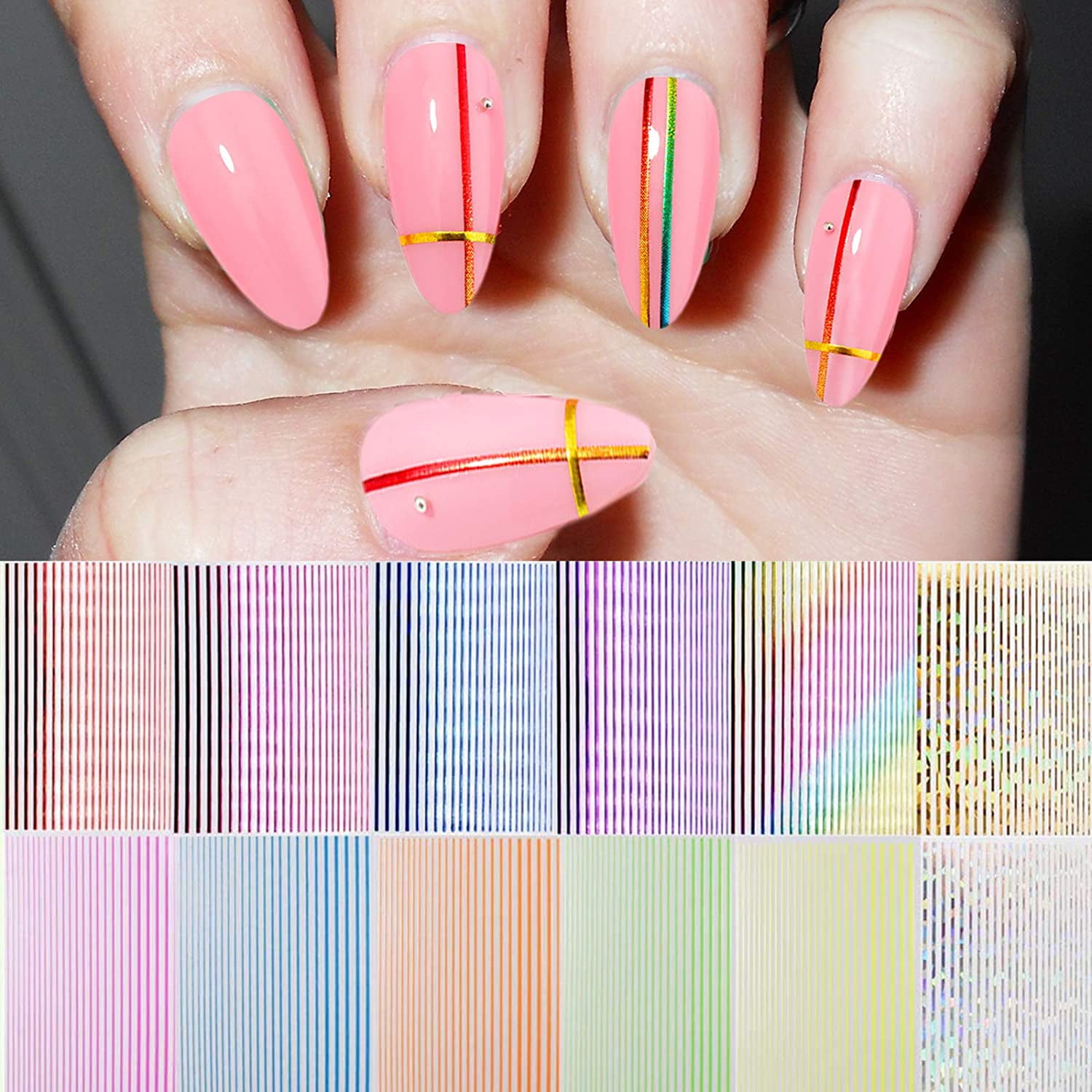 12 Sheets 3D Strip Line Nail Stickers, Gold Fluorescent Laser Adhesive ...