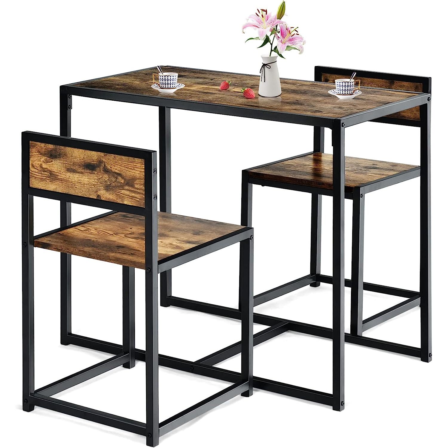 HElectQRIN 3-Piece Kitchen Table Set, Table Set with 2 Chairs, Metal ...