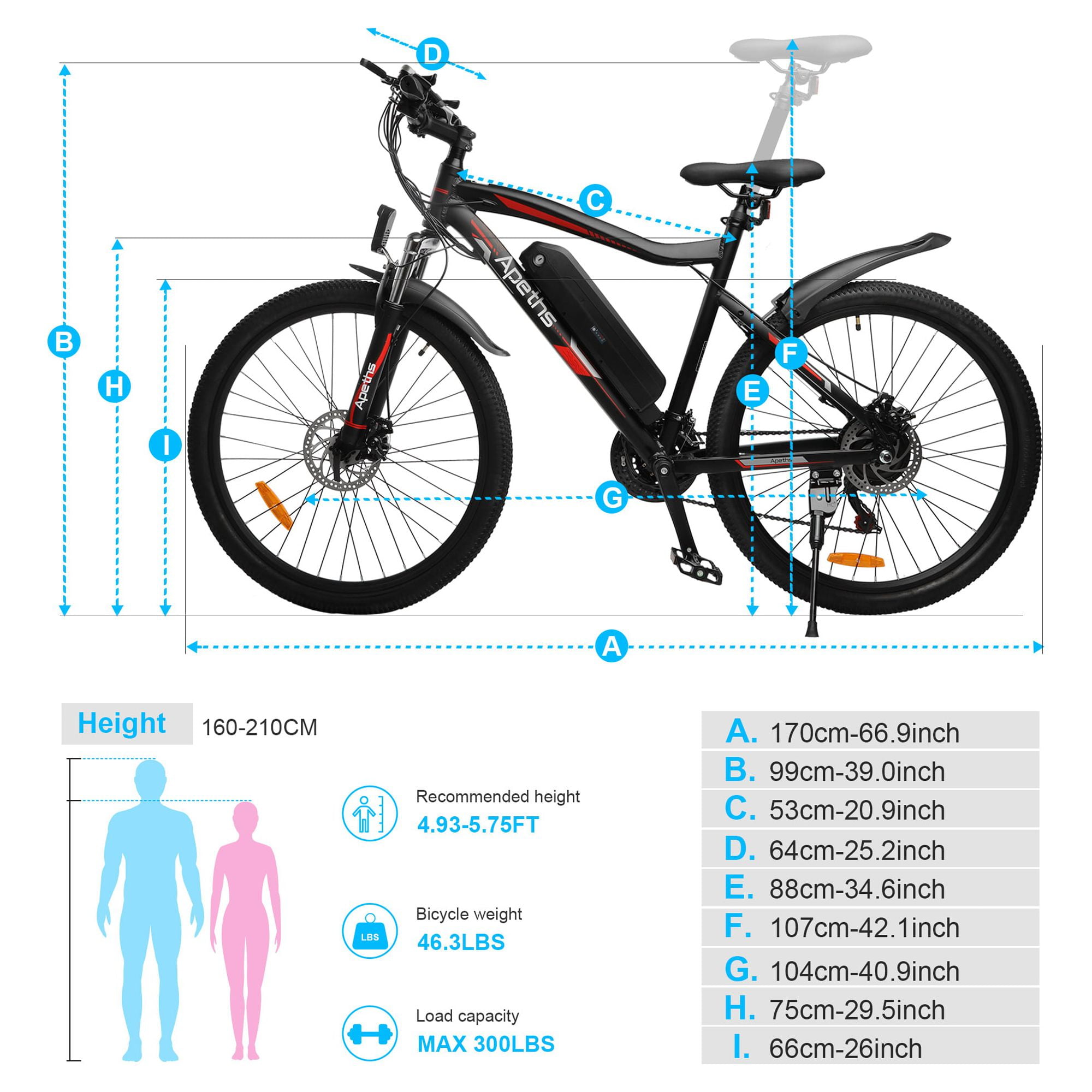 APETHS 26 In. Electric Mountain Bike, 21 Speed, 350W Brushless Motor ...