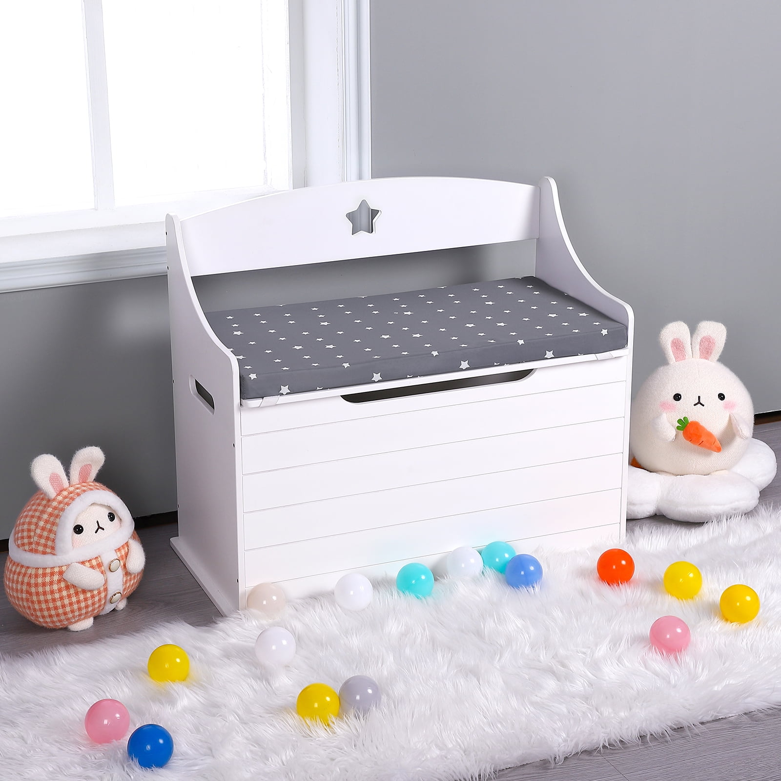 Toy Chest Wooden Storage Bench with Safety Hinged Lid, Wooden Toy ...