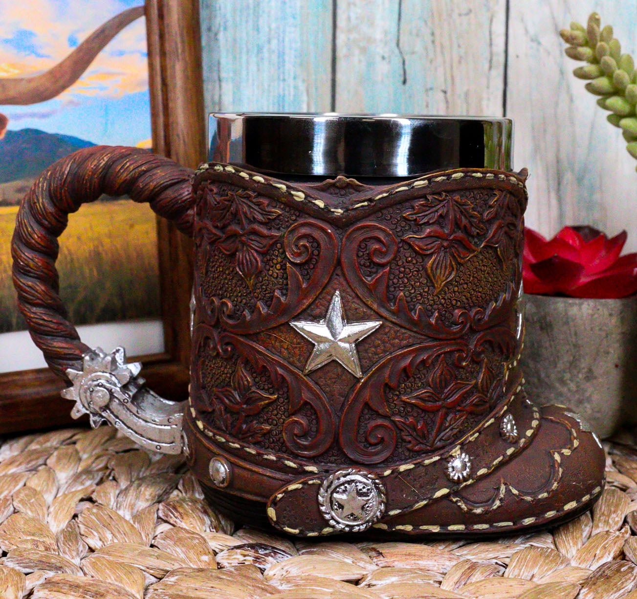 Rustic Western Cowboy Boot W/ Lone Star And Spur Faux Tooled Leather ...