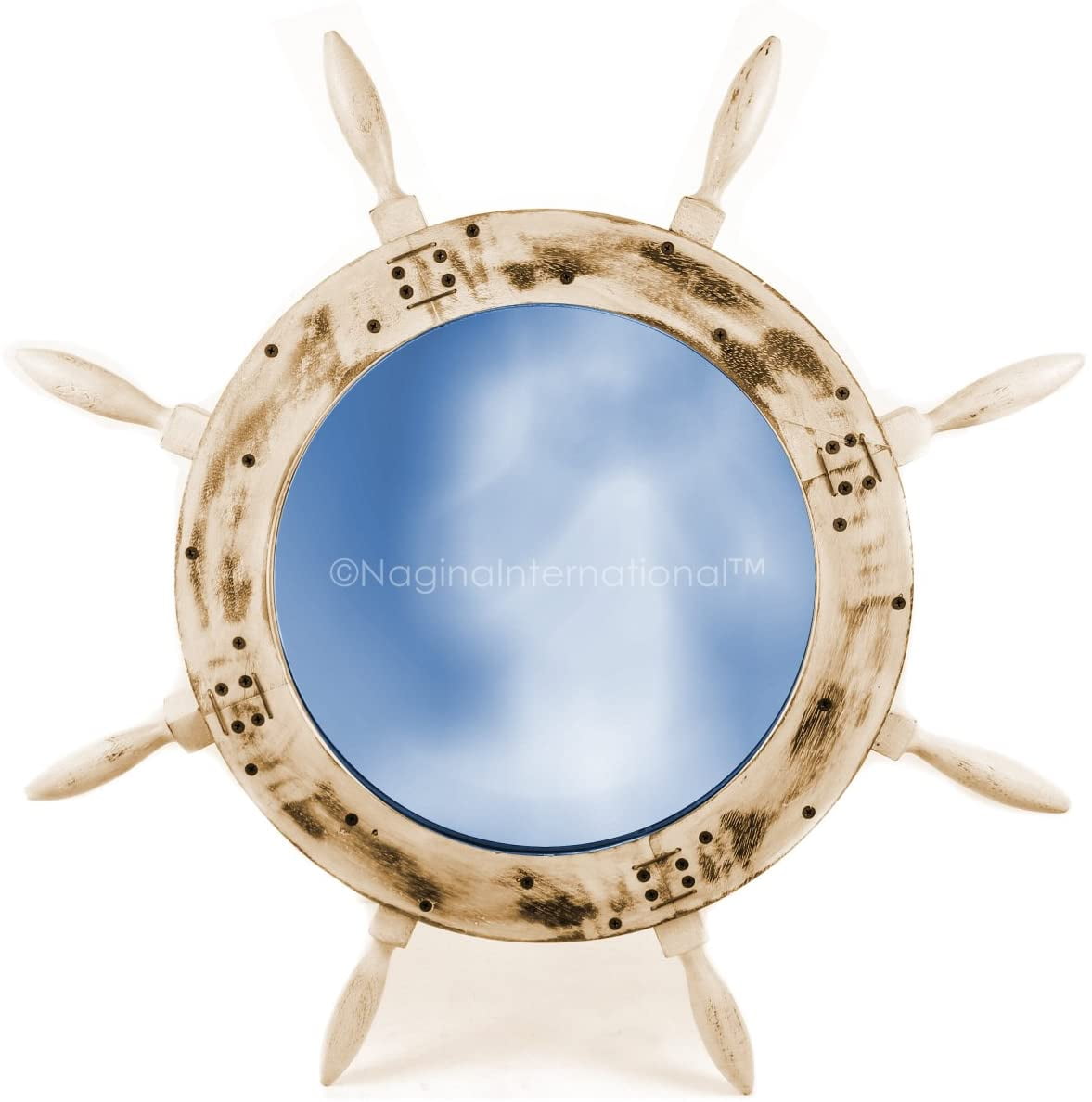 Maritime Rustic Charm: 18-Inch Wooden Ship Wheel Mirror with Wires ...