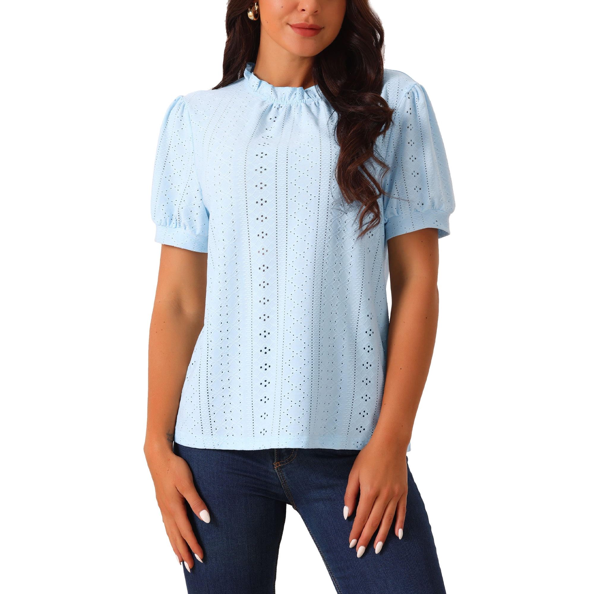 Click here for Inspire Chic Womens Puff Sleeve Eyelet Tops Back B... prices