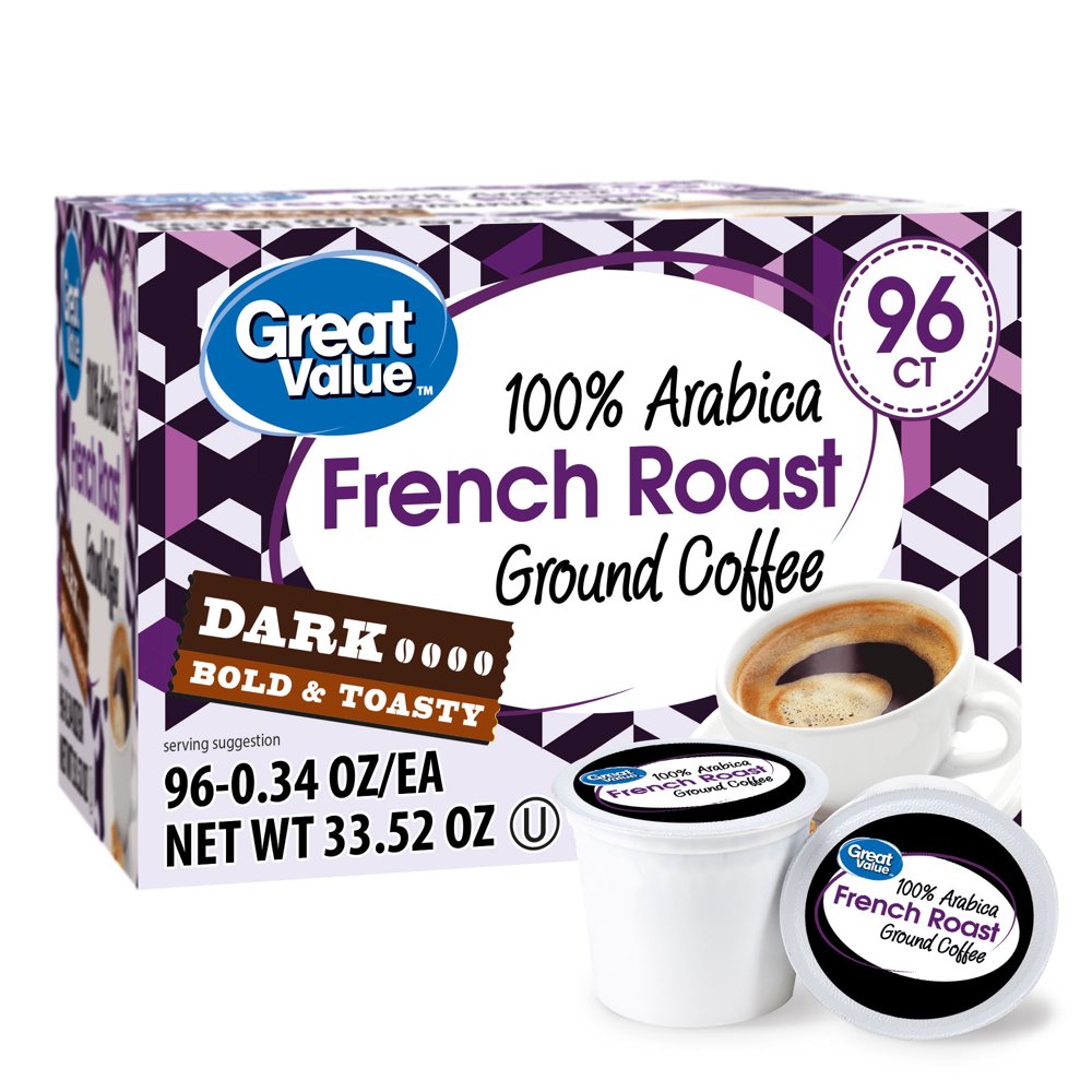 Great Value 100% Arabica French Roast Dark Ground Coffee, 0.34 oz, 96 ...