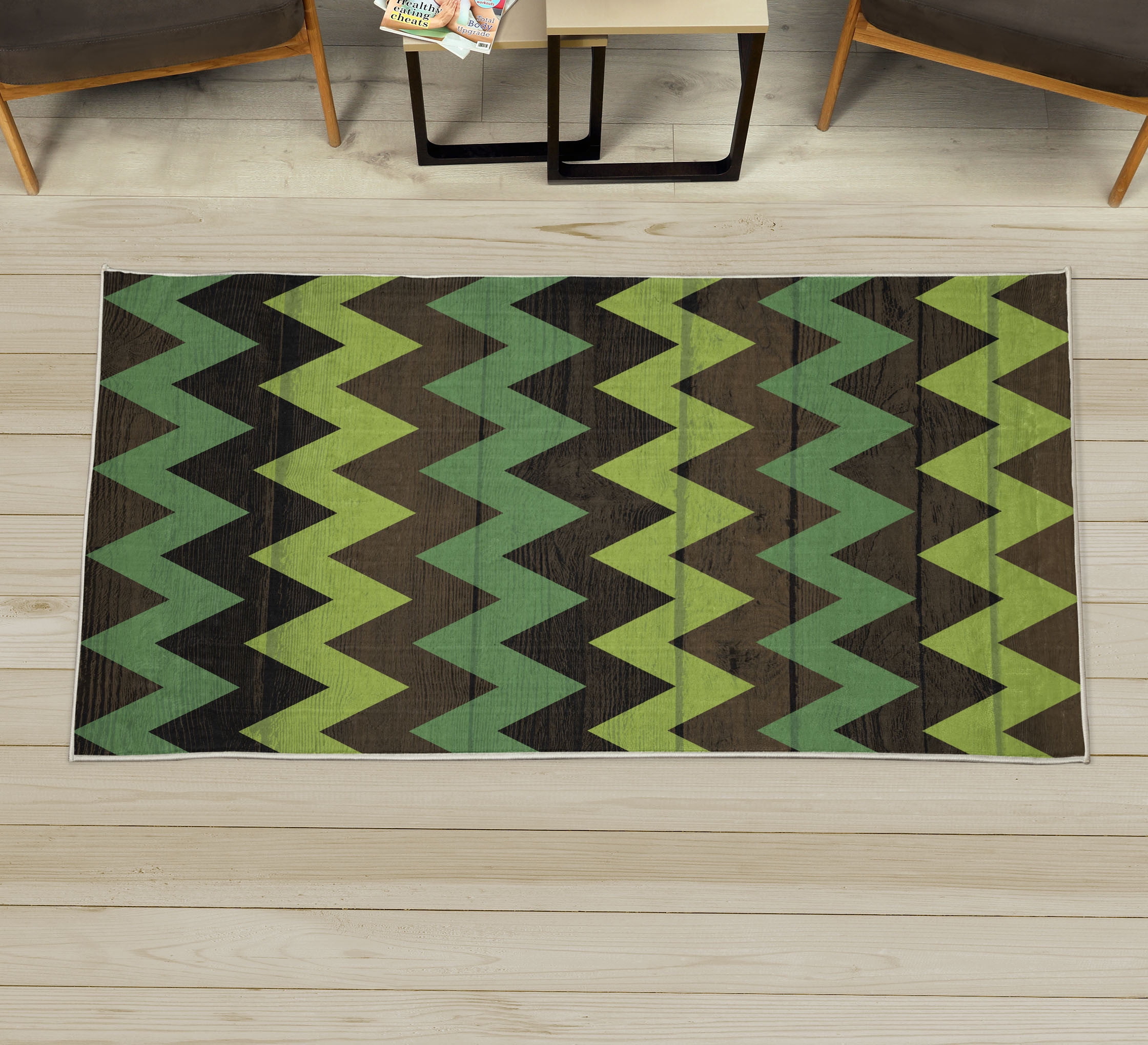 Chevron Decorative Rug, Zig Zag Lines Pattern on Wooden Looking ...