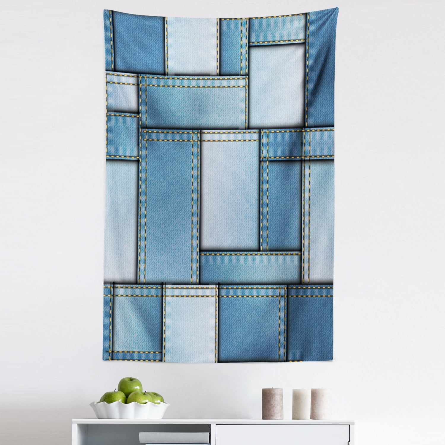 Blue Tapestry, Patchwork of Different Size Shapes Pattern Vertical Warp ...