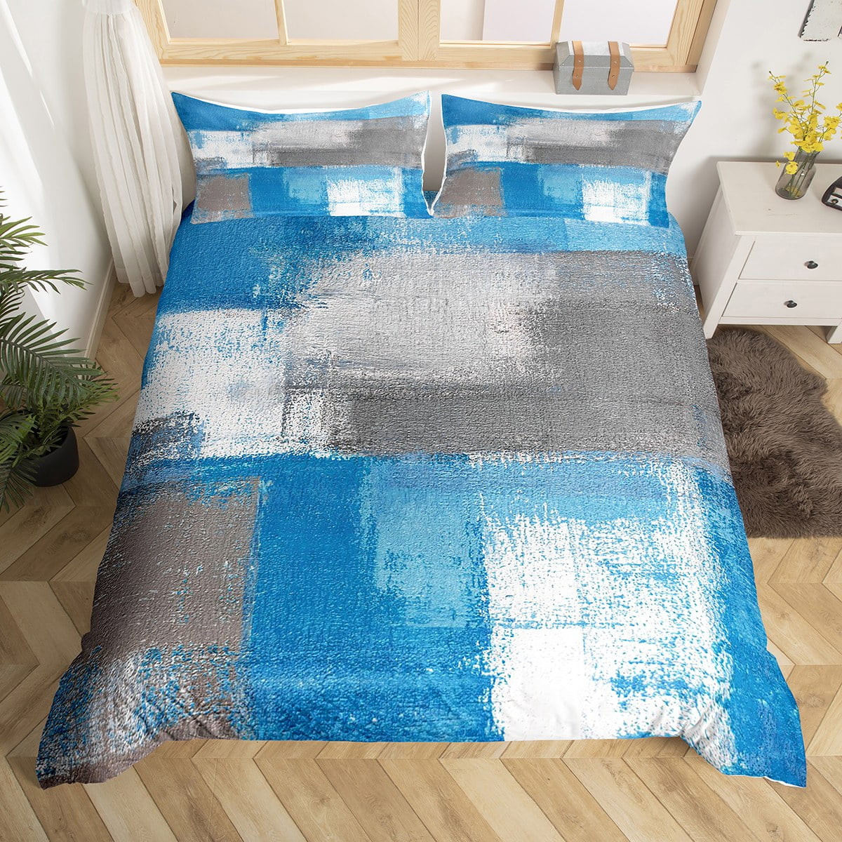 Blue Ombre Bedding Sets Full Grey Grunge Comforter Cover, Watercolor ...