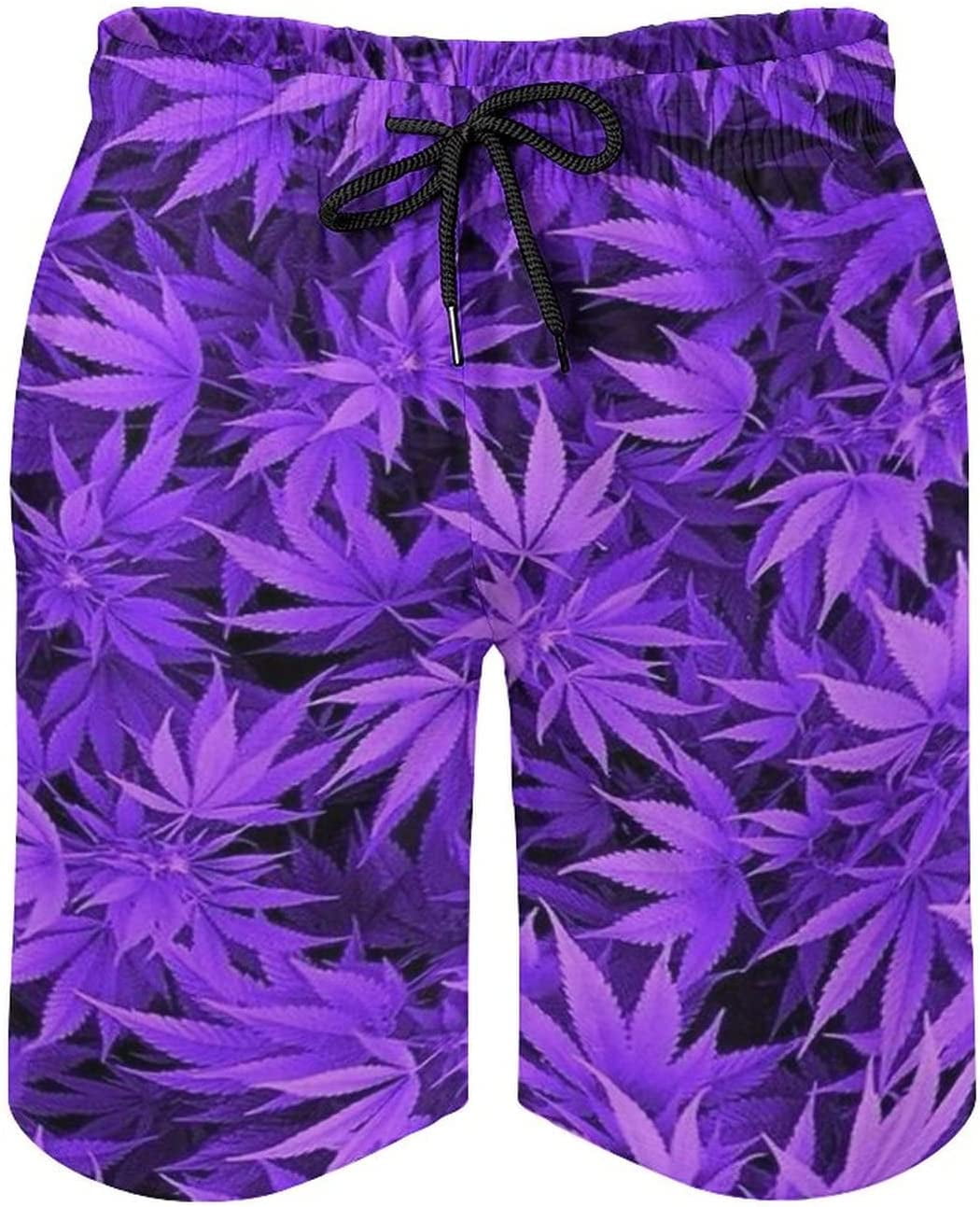Mens Purple Pot Leaf Swim Trunks Quick Dry Beach Pants Board Shorts