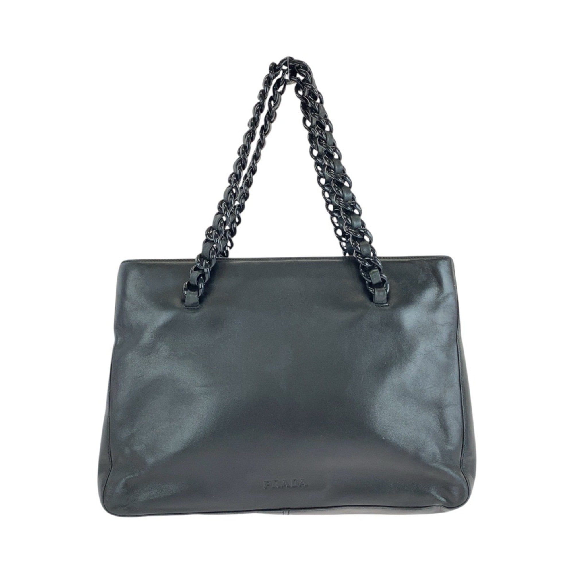 Pre-Owned PRADA Prada Pla Chain Black Silver Hardware Leather Plastic ...